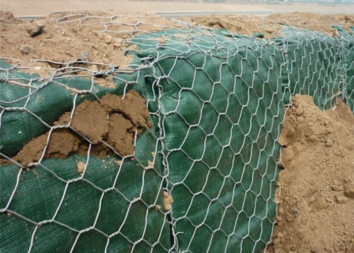 SGS ISO 80x100mm Hexagonal Gabion Basket Cage With Green Geotexile Bag